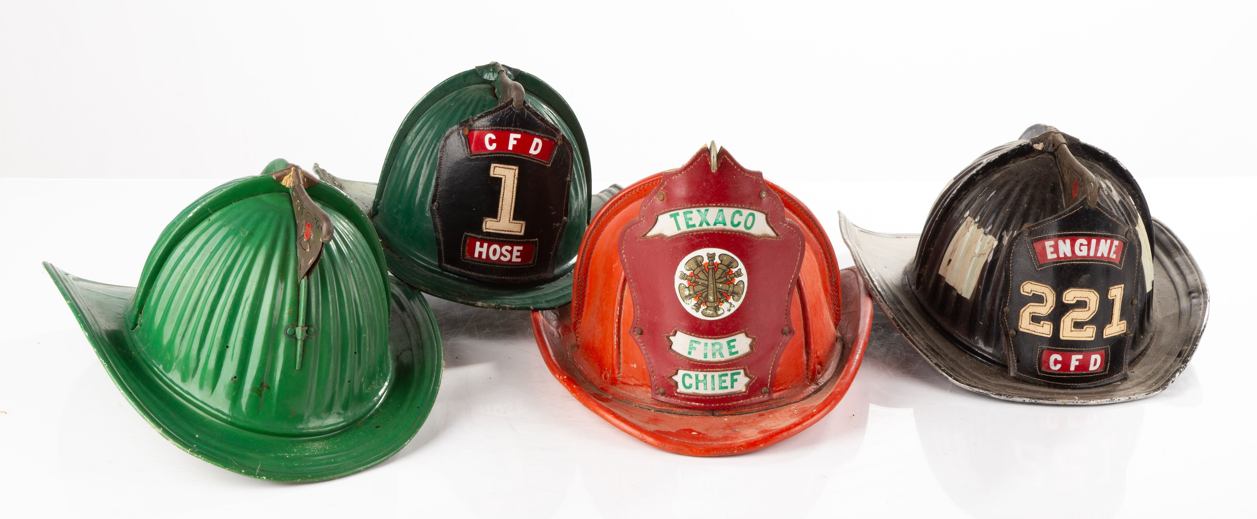 Leather Texaco Fireman's Helmet & Three Metal Helmets | Cottone Auctions