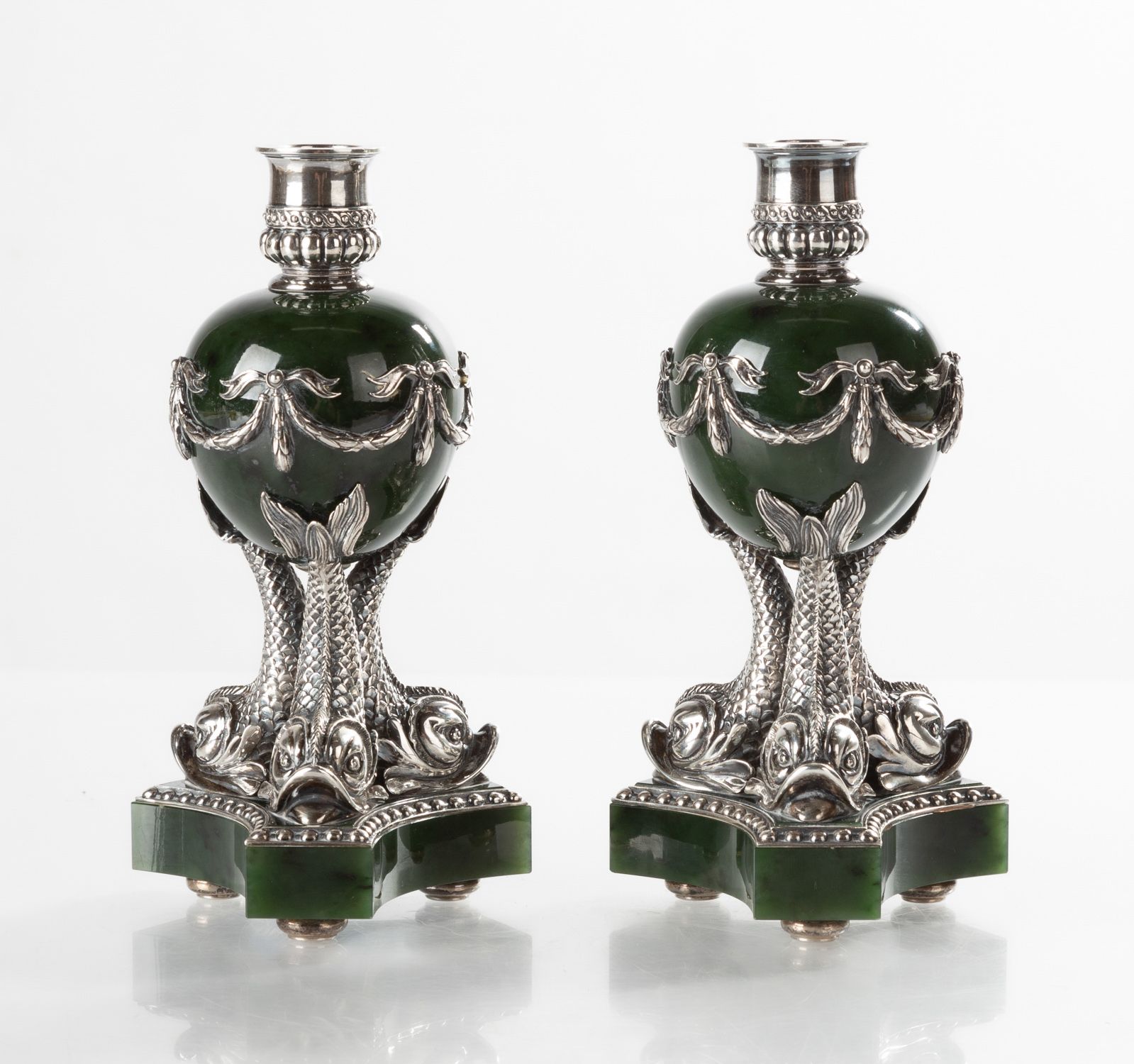 Fabergé Nephrite Jade and Silver Candlesticks | Cottone Auctions