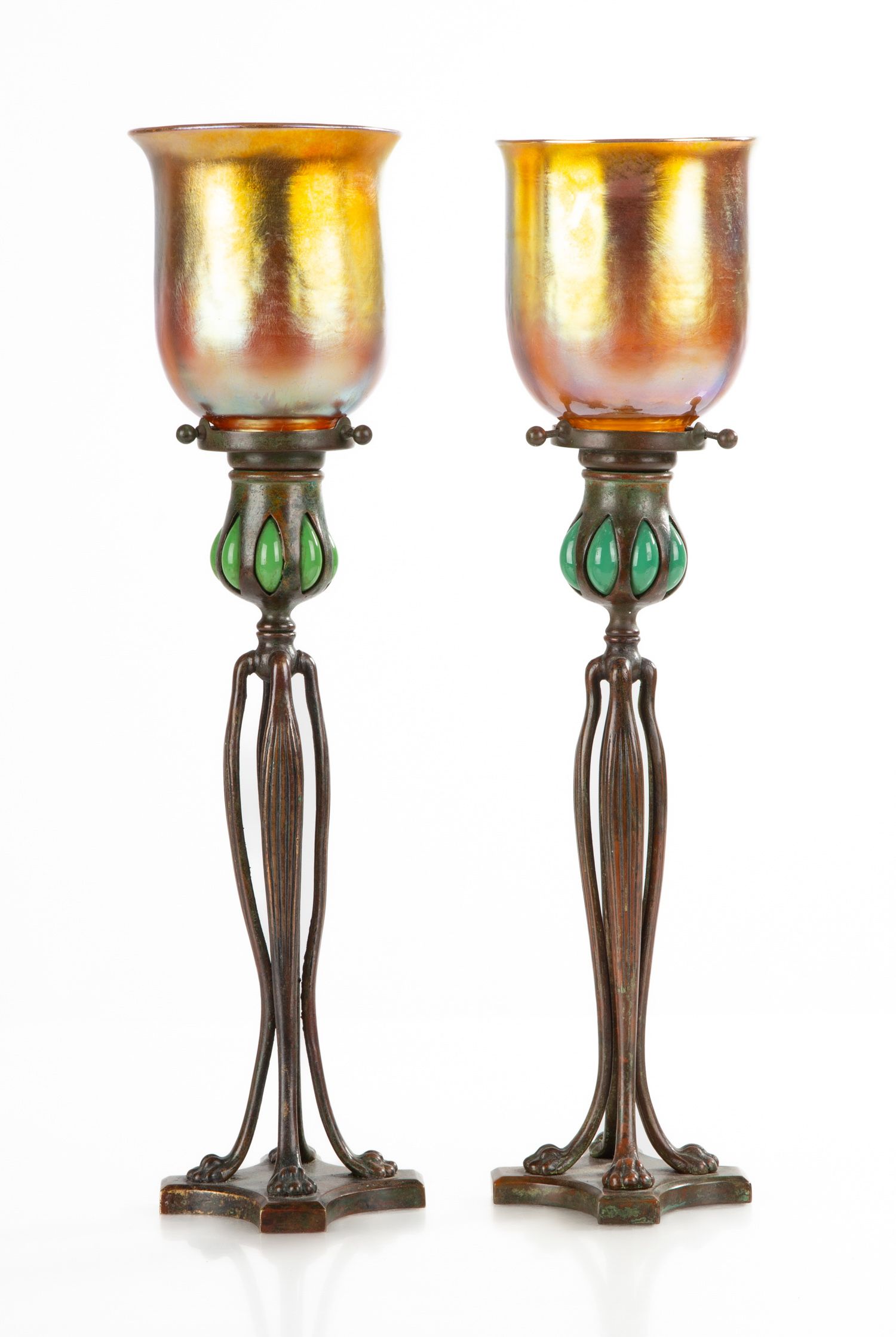 Two Tiffany Studios Blown-Out Cat's Paw Candlesticks with Favrile ...