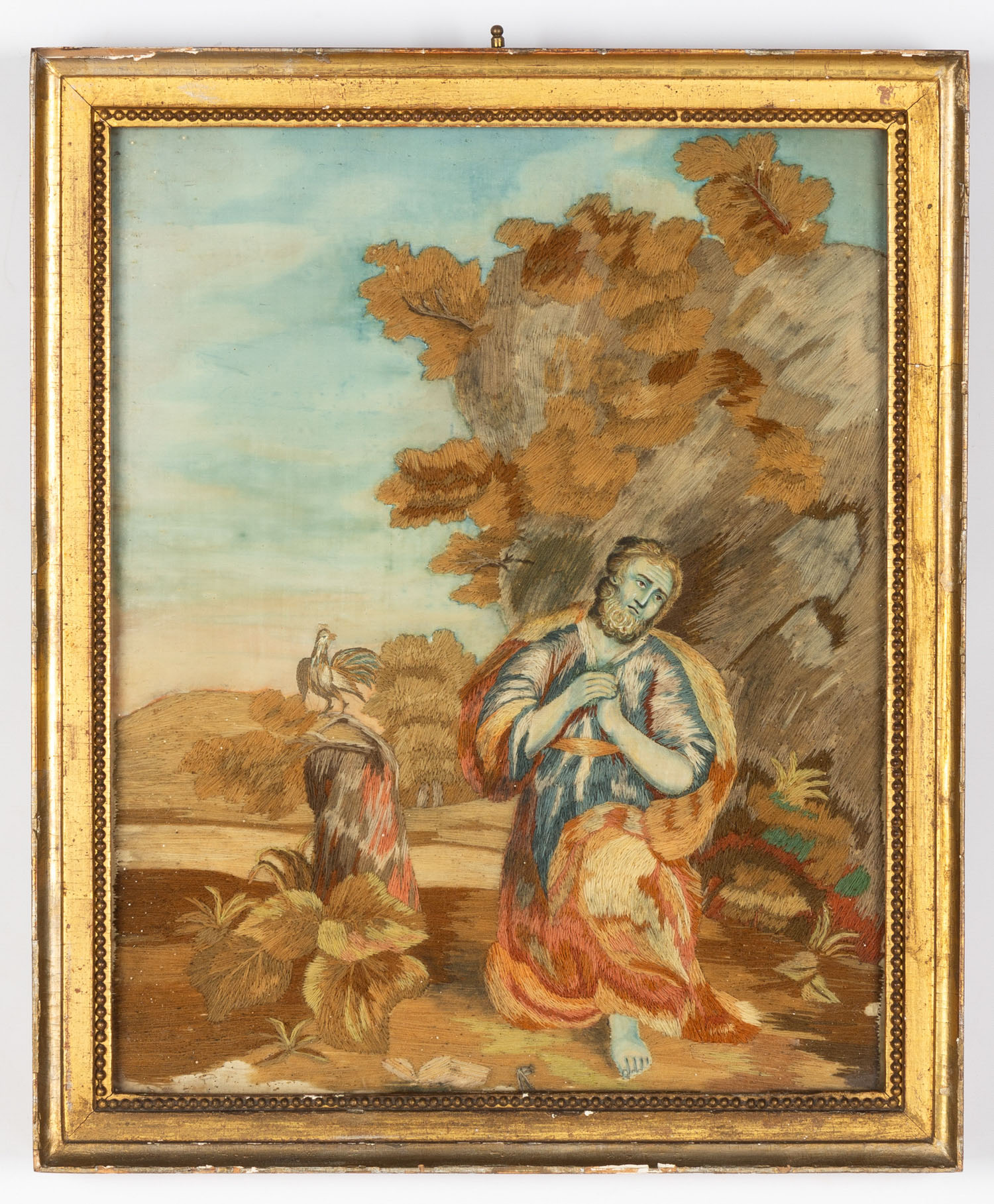 Silk Embroidery & Watercolor of Peter Denying Christ | Cottone Auctions