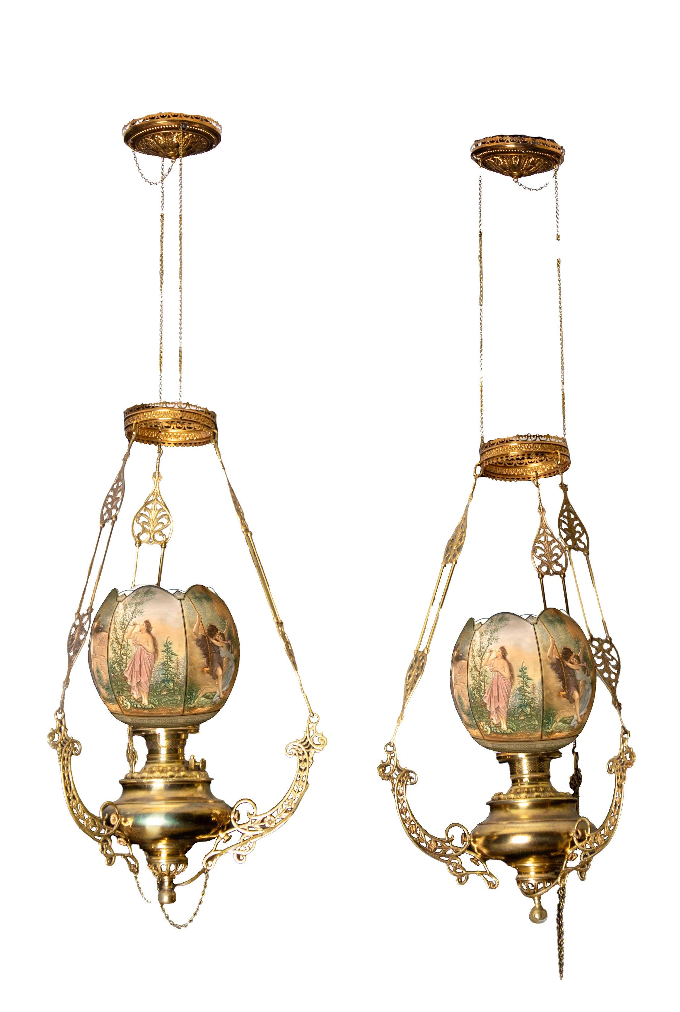 Pair of Brass and Lithophane Hanging Library Lamps | Cottone Auctions