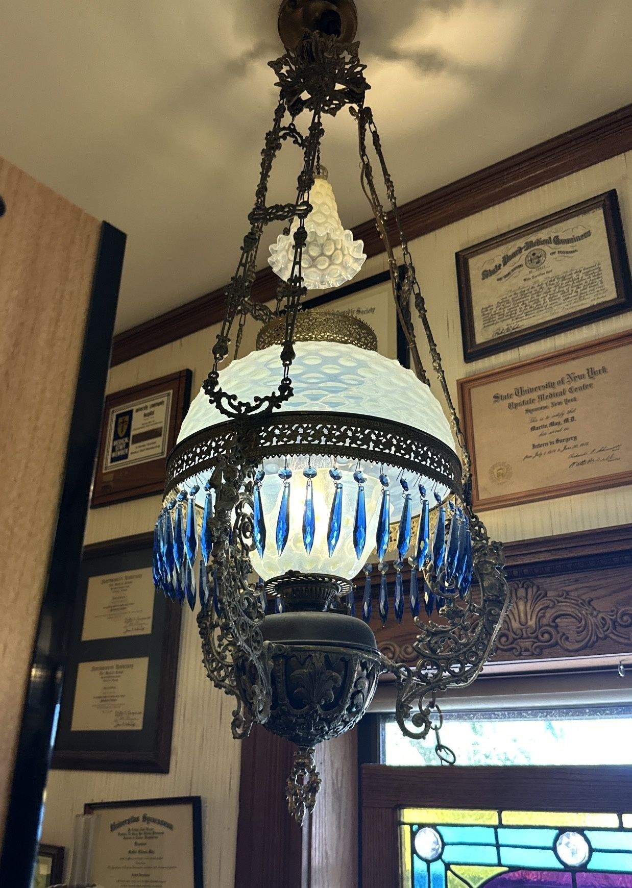 Brass & White Opalescent Hobnail Glass Hanging Library Lamp | Cottone ...