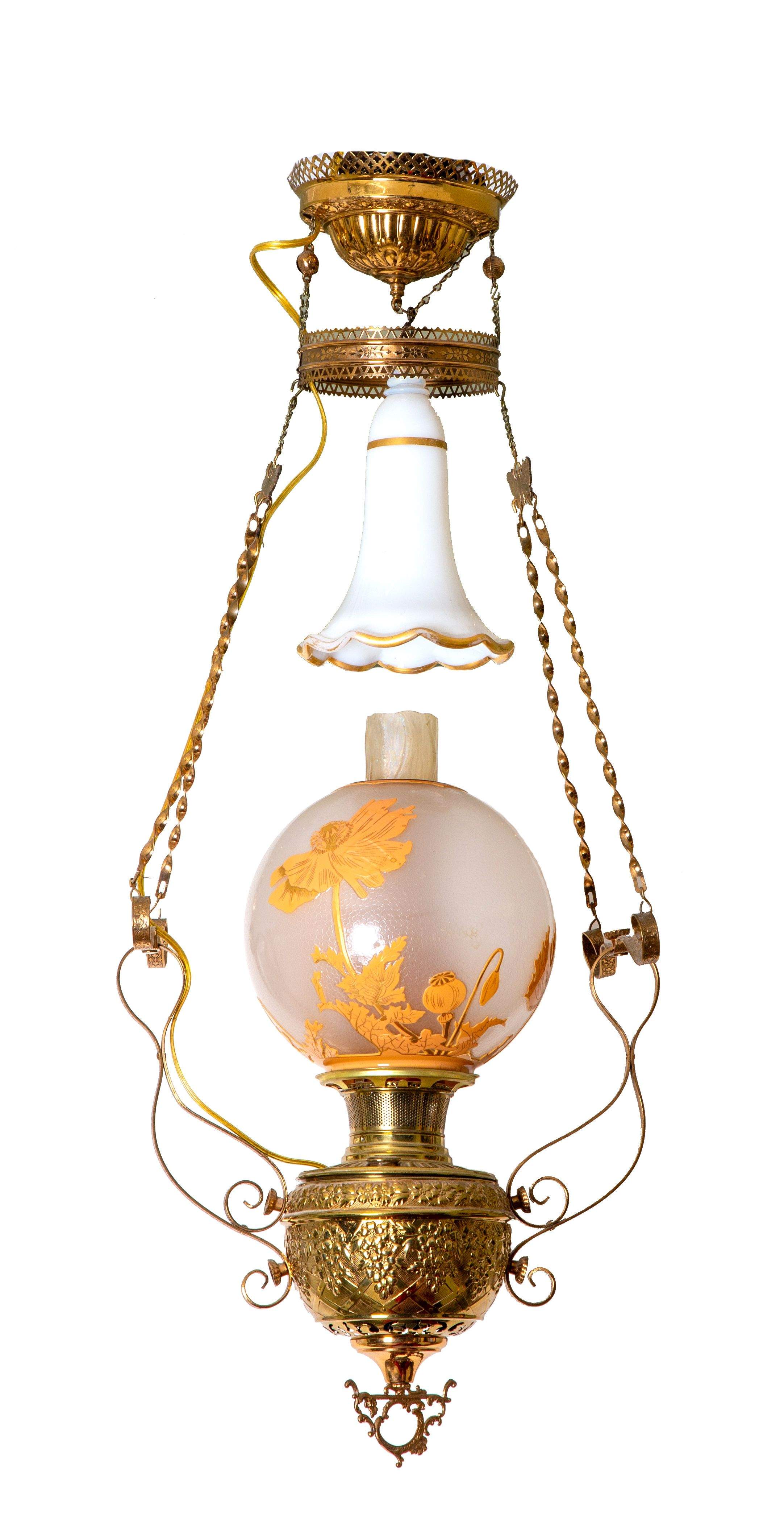 Brass & Cameo Glass Hanging Library Lamp | Cottone Auctions