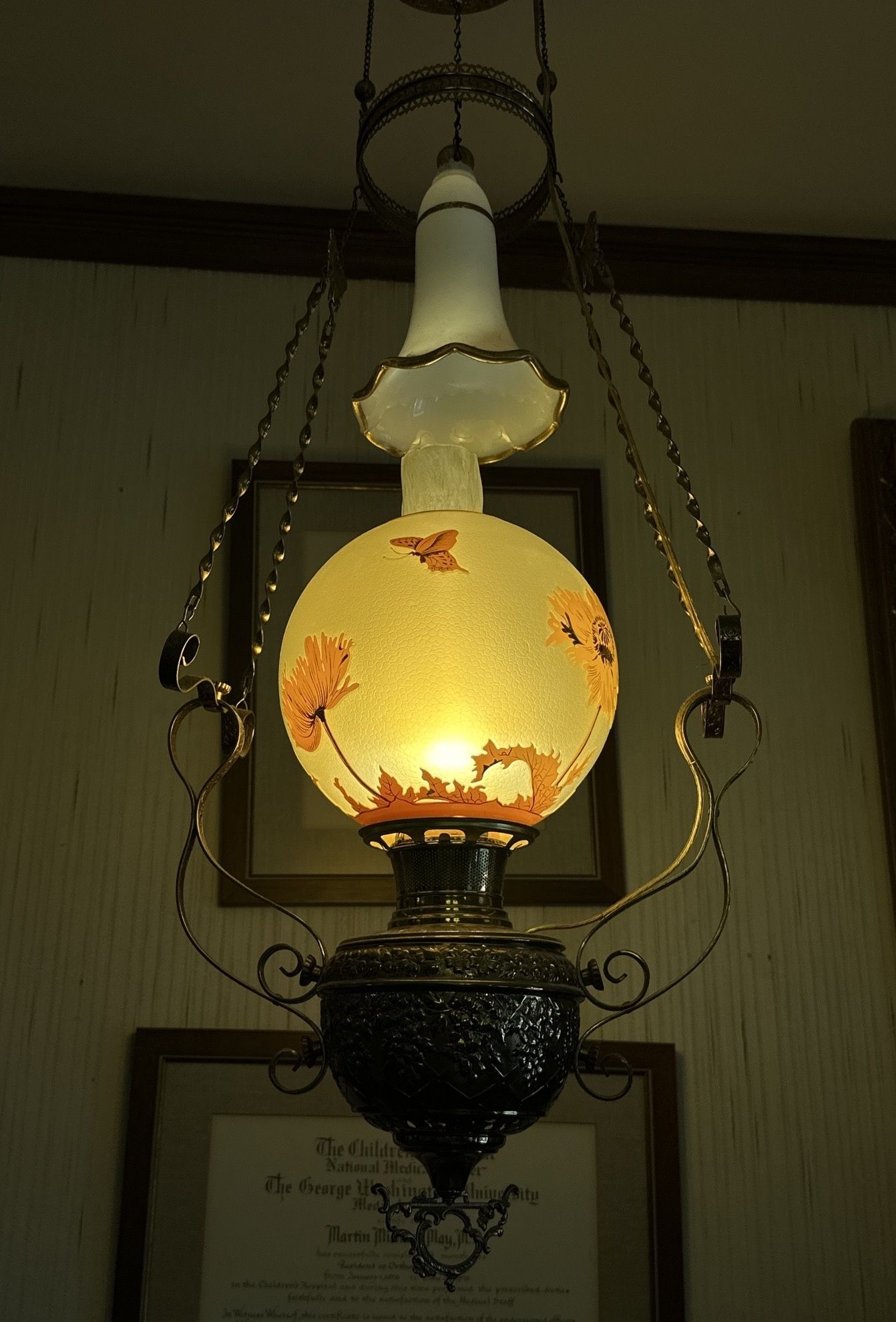 Brass & Cameo Glass Hanging Library Lamp | Cottone Auctions