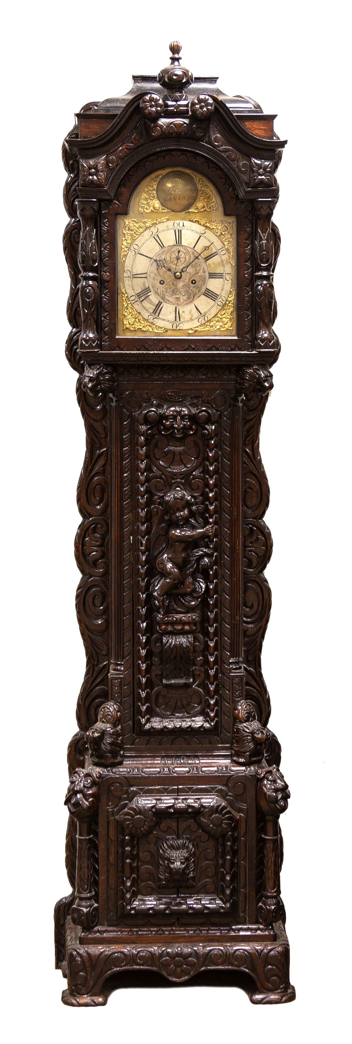 English Renaissance Revival Oak Tallcase Clock | Cottone Auctions