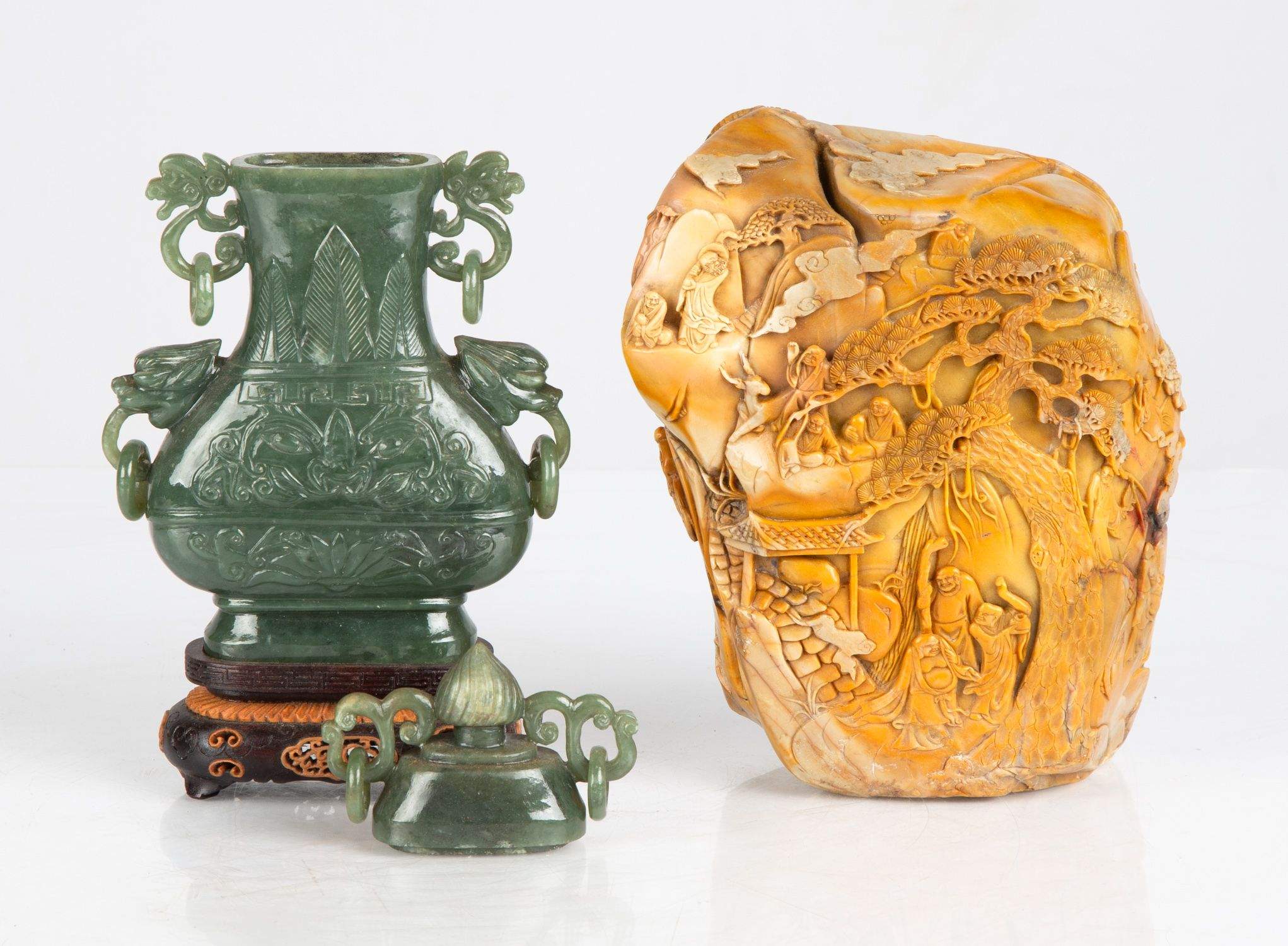 Chinese Jade Censor & Soapstone Scholar's Mountain | Cottone Auctions