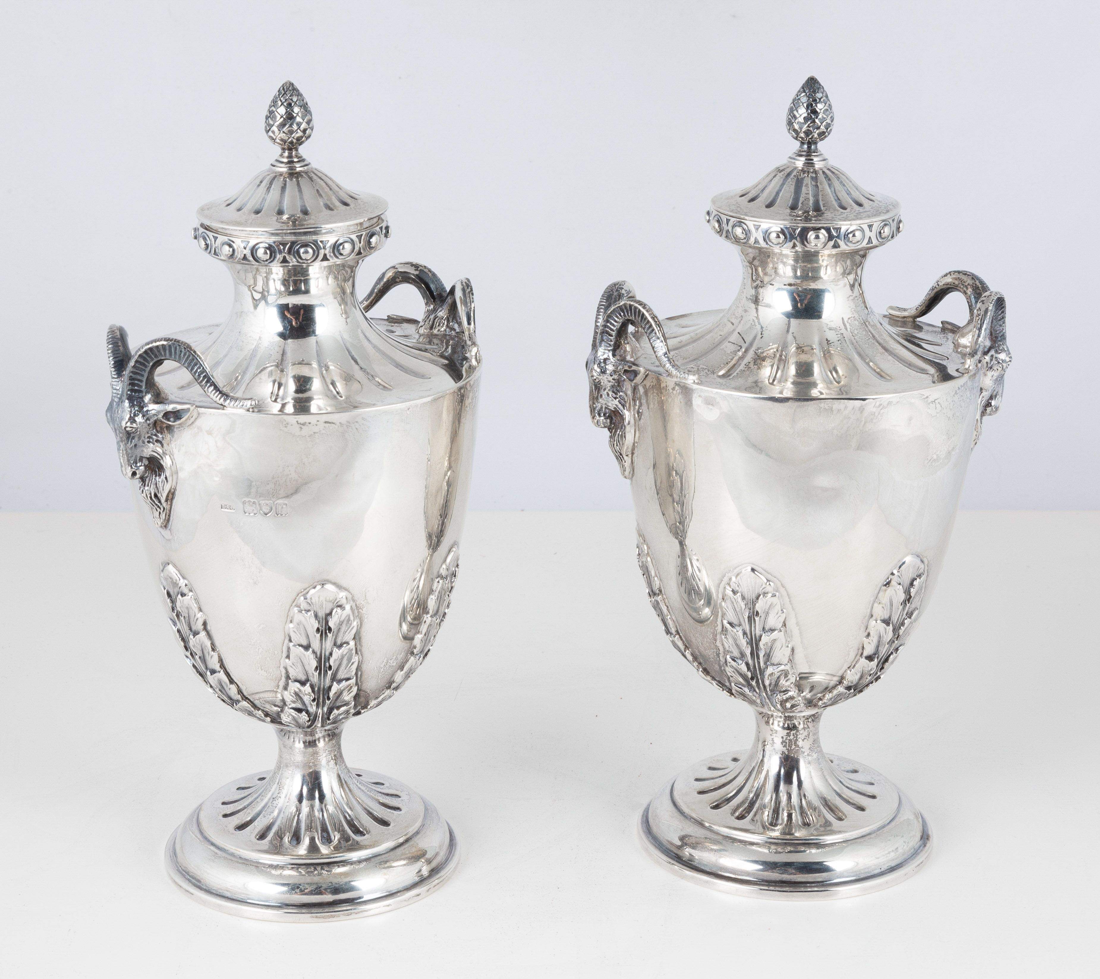 Pair of English Sterling Silver Urns with Ram's Head Handles | Cottone ...