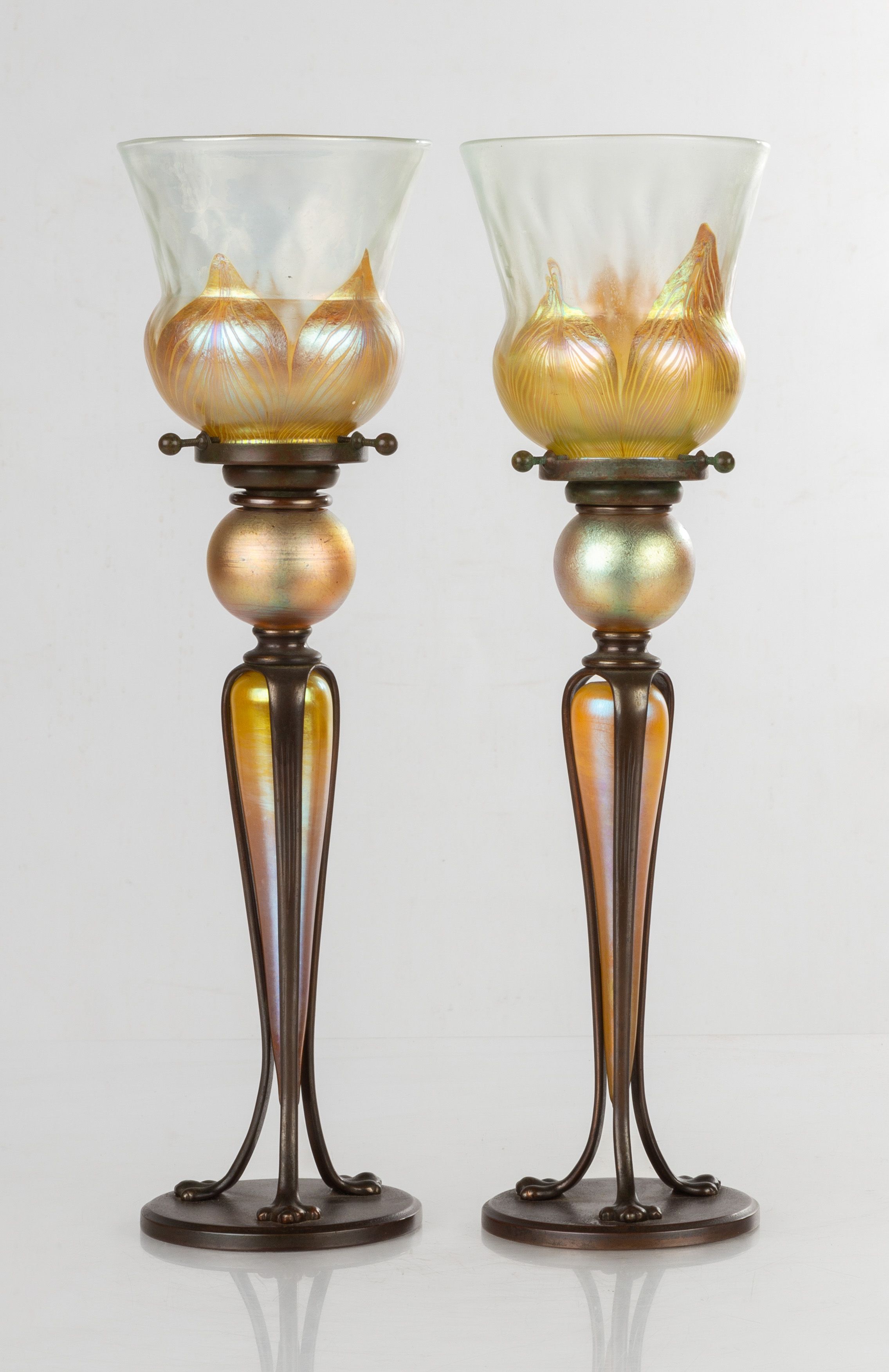 Pair of Rare Tiffany Studios "Carrot" Candlesticks with Favrile Shades ...