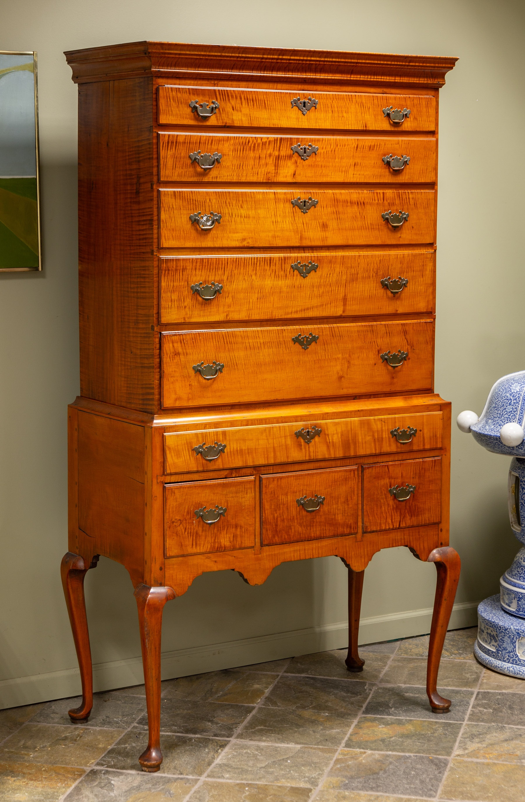 New England American Tiger Maple Queen Anne Highboy | Cottone Auctions
