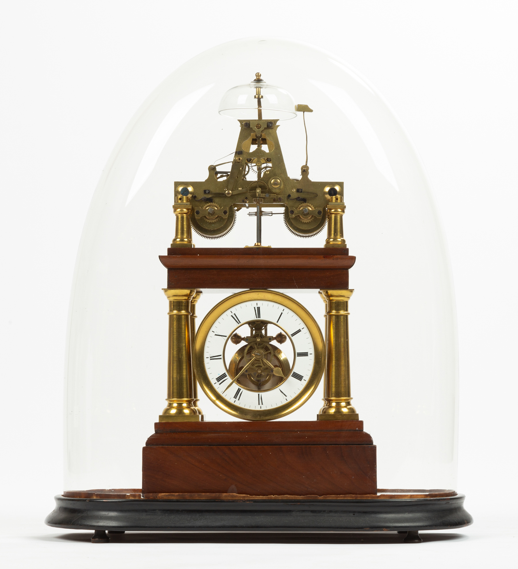French Portico Mahogany & Brass Skeleton Clock | Cottone Auctions