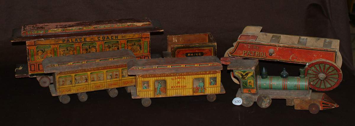 Group of Wood & Paper Lithographed Train Parts & Cart | Cottone Auctions