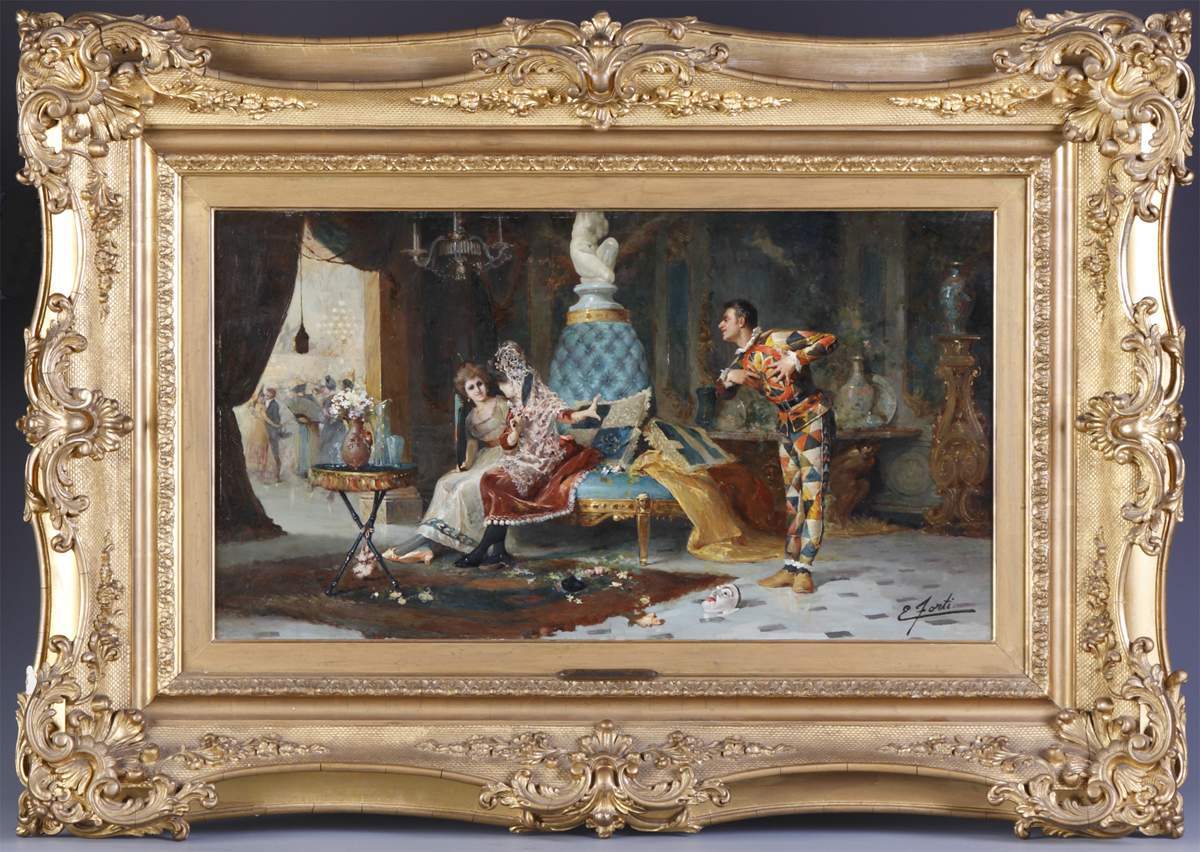 Ettore Forti (Italian, 1850-1940) Masquerade Interior scene w/Jester ...