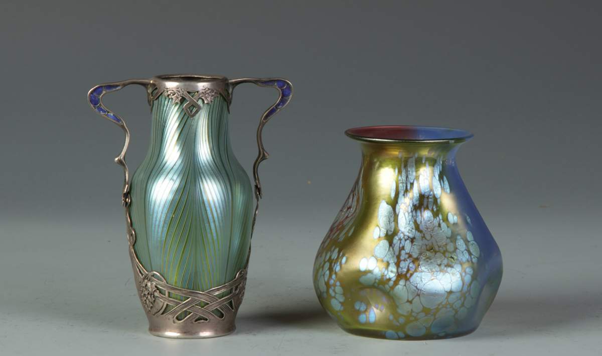Fine Loetz Silver Mounted Vase and Sgn. Loetz Austrian Oil Spot ...