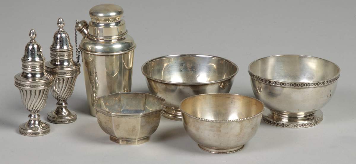 Sterling & silver bowls, cocktail shaker & casters | Cottone Auctions