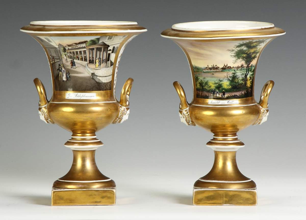 Pair of Old Paris Mantle Vases w/Street Scenes | Cottone Auctions
