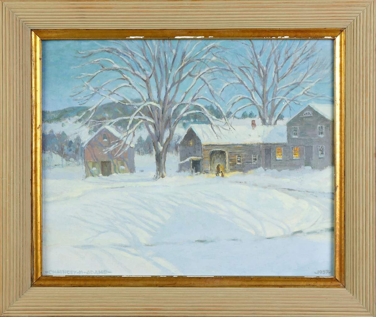 Chauncey M. Adams ( New York, B. 1895) Winter scene w/house & barn ...