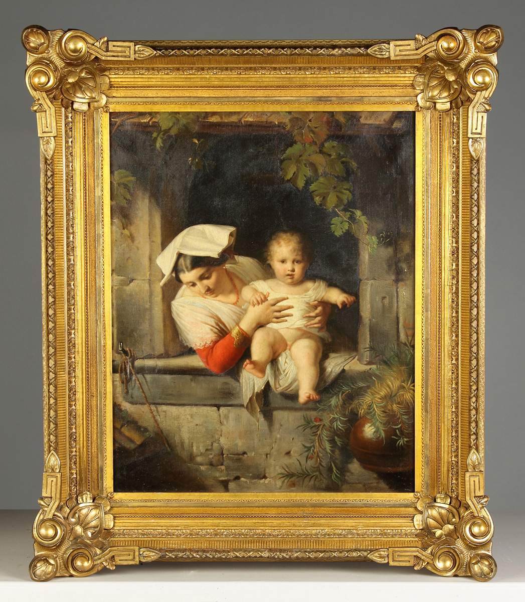Giuseppe Mazzolini (Italian, 1806-1876) "A Mother and Child at Window ...