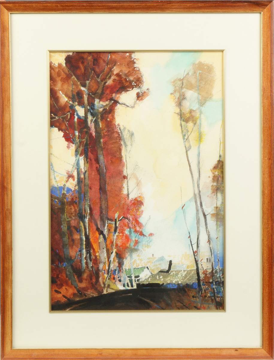 Roy Martell Mason (American, 1886-1972) Autumn landscape with cabin ...