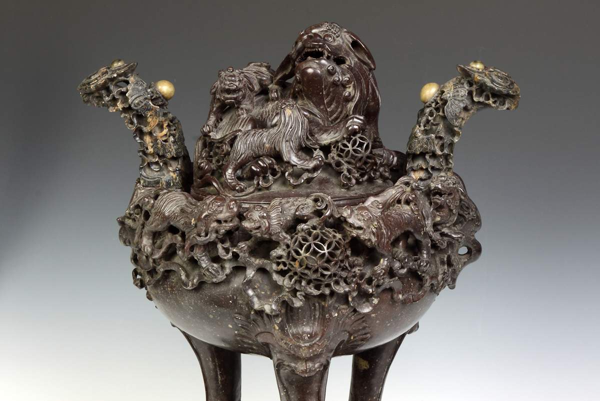 Monumental 2-Piece Carved Soapstone Censor | Cottone Auctions
