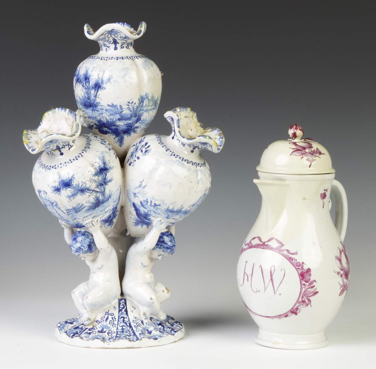 Delft Vase w/Putties & Early French Coffee Pot | Cottone Auctions
