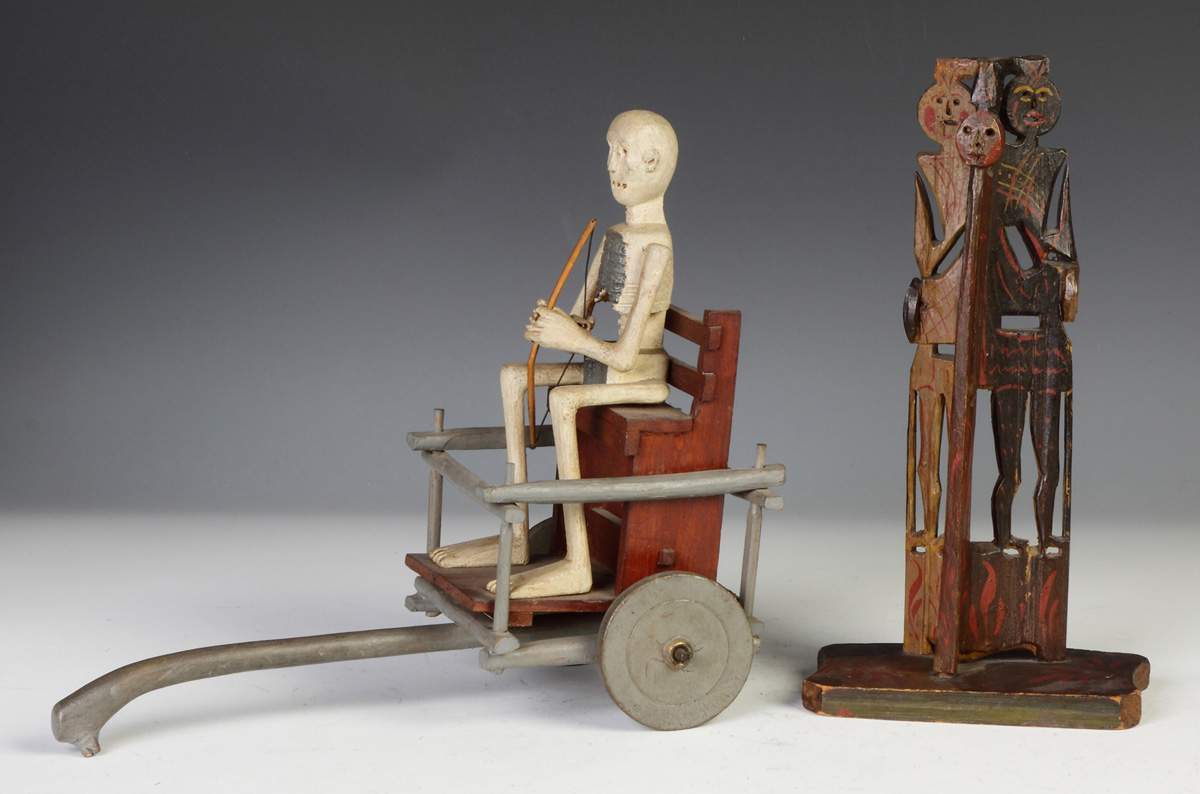 Carved & Painted Seated Skeleton in Cart tog. w/Carved & Painted ...