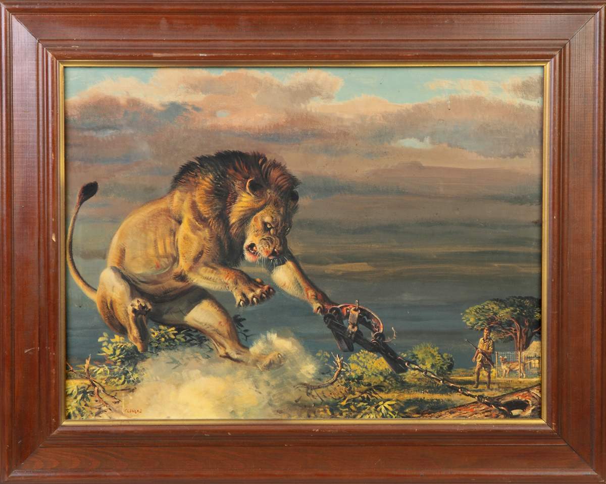 Robert Kuhn (American, 1920-2007) Illustration of Lion in trap ...