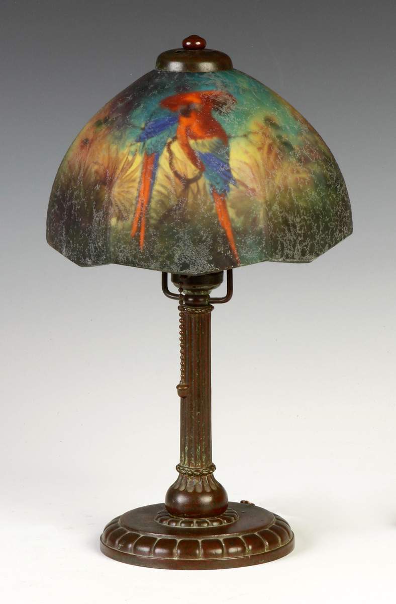 Handel Reverse Painted Lamp - Jungle Birds | Cottone Auctions