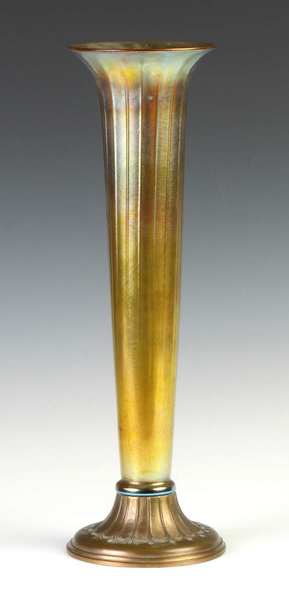 Tiffany Studios Iridescent Gold Ribbed Vase with Bronze Enameled Base ...