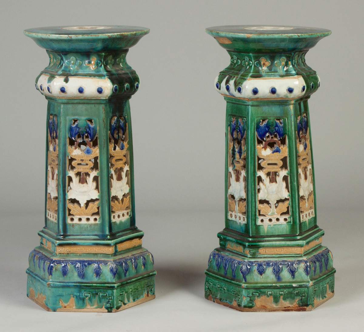 Pair of Glazed Pottery Pagoda Form Pedestals | Cottone Auctions