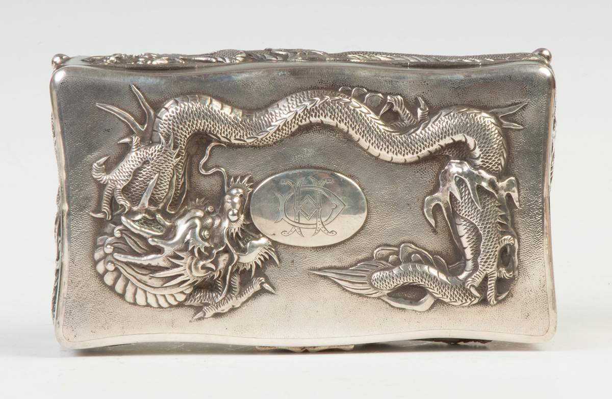 Chinese Export Silver Jewelry Box with Relief Raised Dragons | Cottone ...