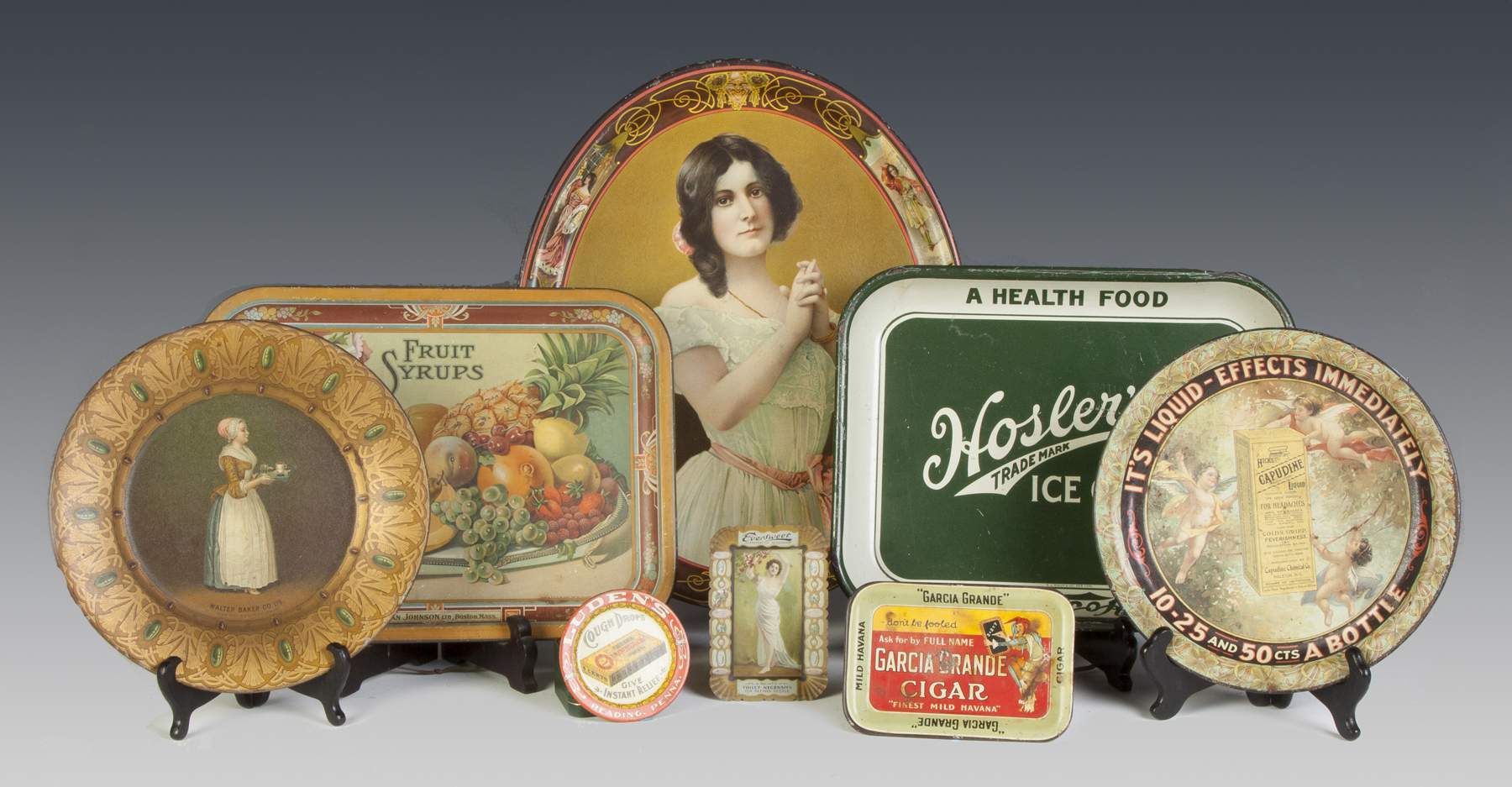 Group of Eight Vintage Advertising Trays | Cottone Auctions